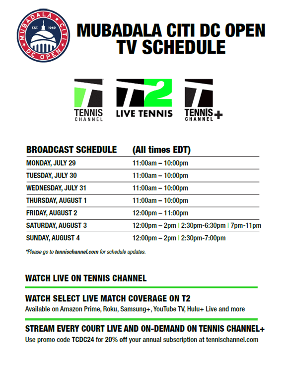 TV Schedule | Mubadala Citi DC Open | Tennis